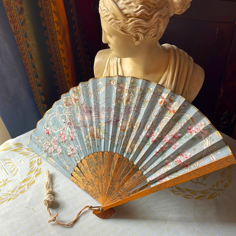 Vintage Hand Painted Hand Fan Cherry Blossom Landscap… - Gem